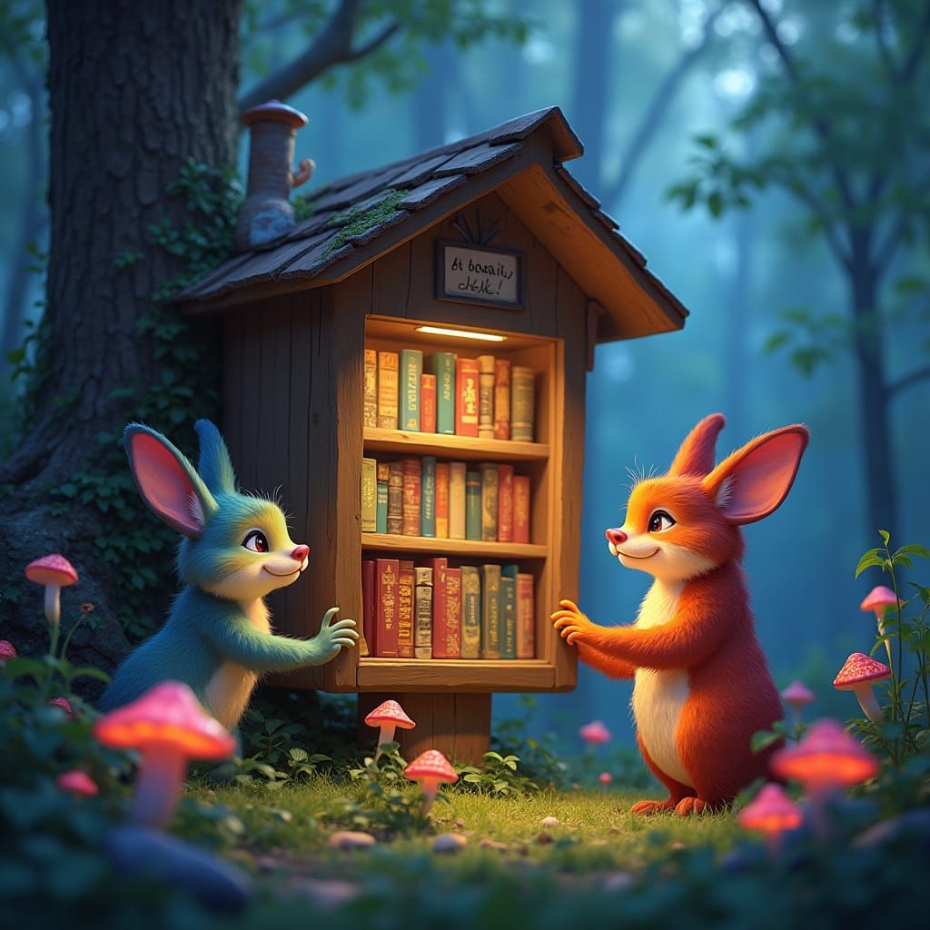 Furry Friends Build Whimsical Library in Enchanted... - AI Art