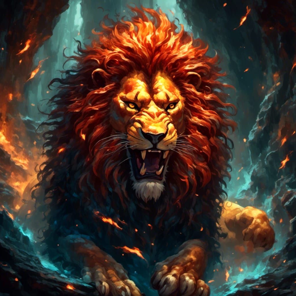 an epic fire god lion with burning fur mane roaring with mouth open ...