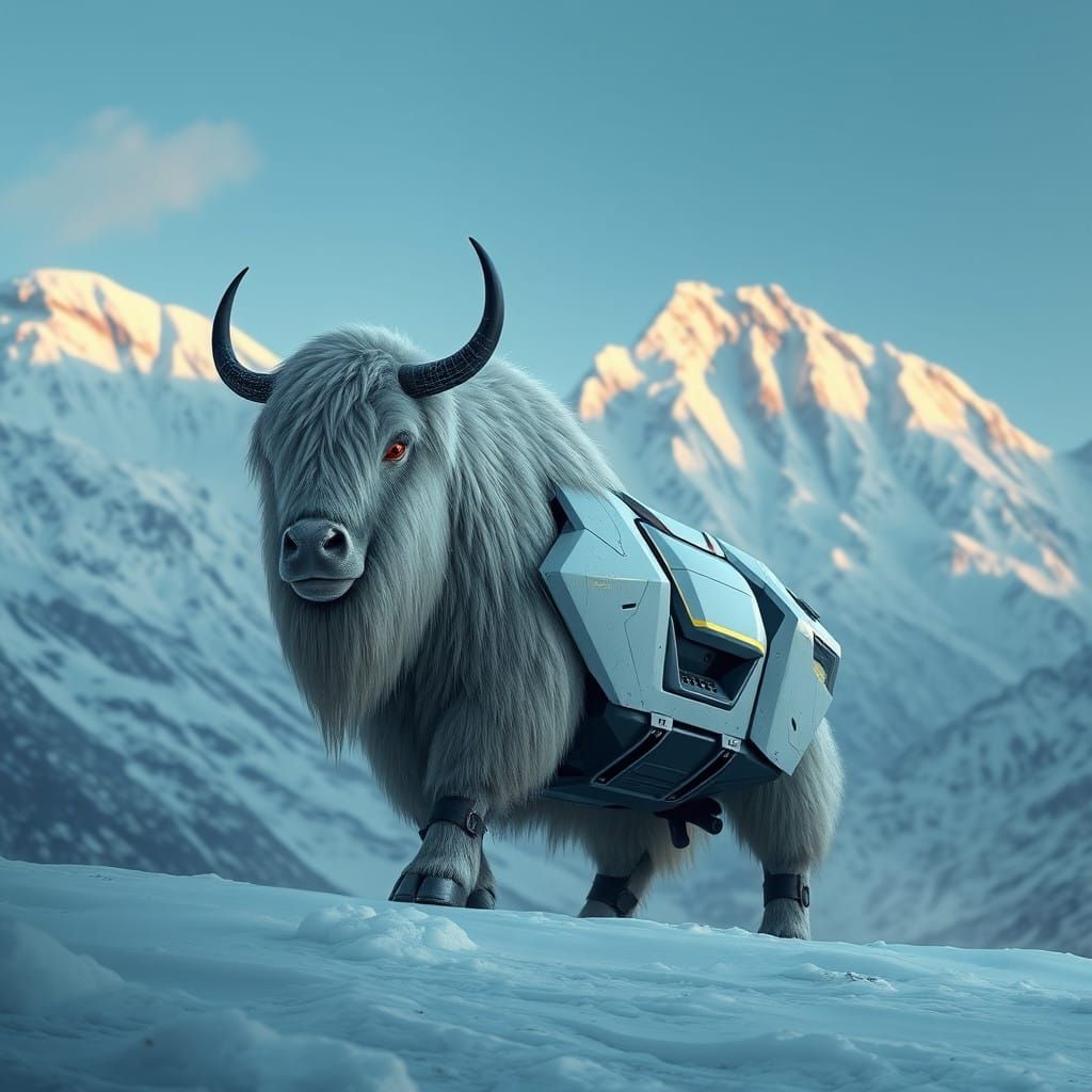 A realistic image of an hybrid snow Yak in a snow mountain