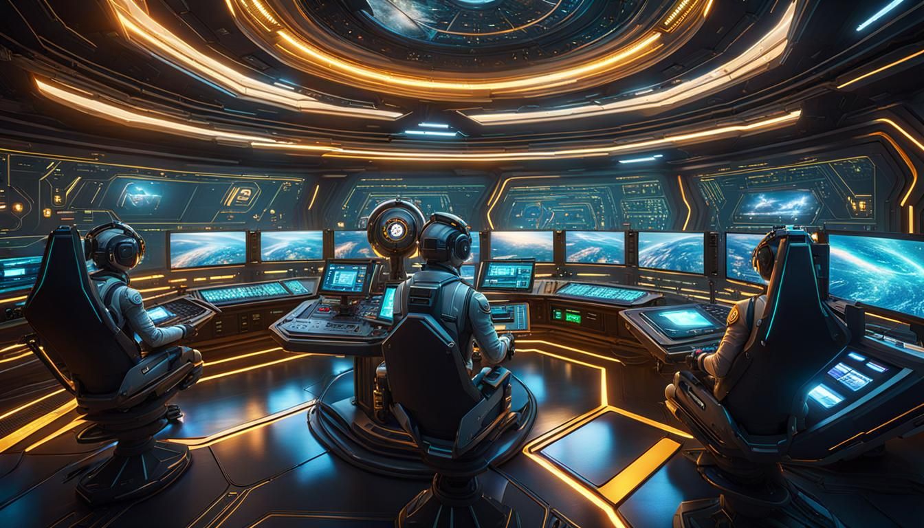 Most beautiful space station control room with humanoids in futuristic ...