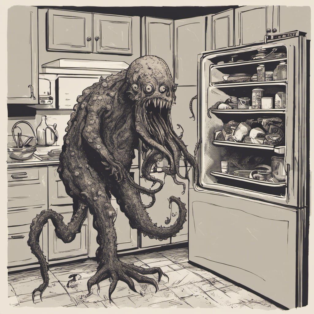 scary monster with tentacles eating food from fridge in kitchen - AI ...