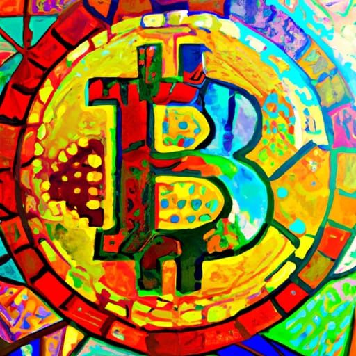bitcoin coin themed stained glass piece graffiti art, splash art ...