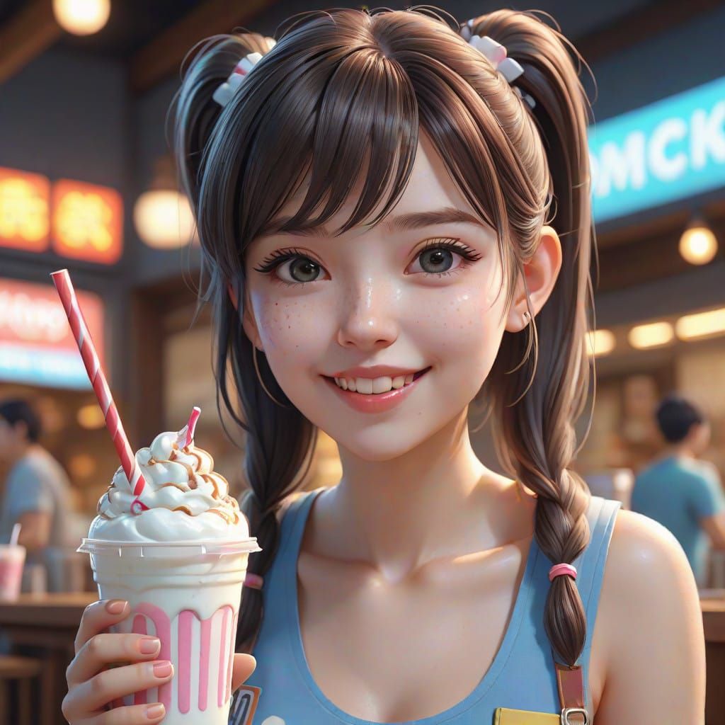 Cute woman drinking a milkshake - Glamorous Anime Girl Sips ...