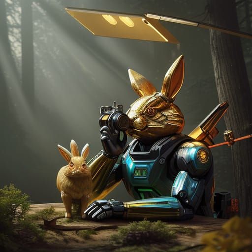 Robotic Rabbit with Toy Helicopter in Front of Coz... - AI Art