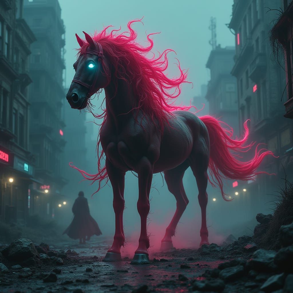blood-red steed with glowing, otherworldly blue eyes