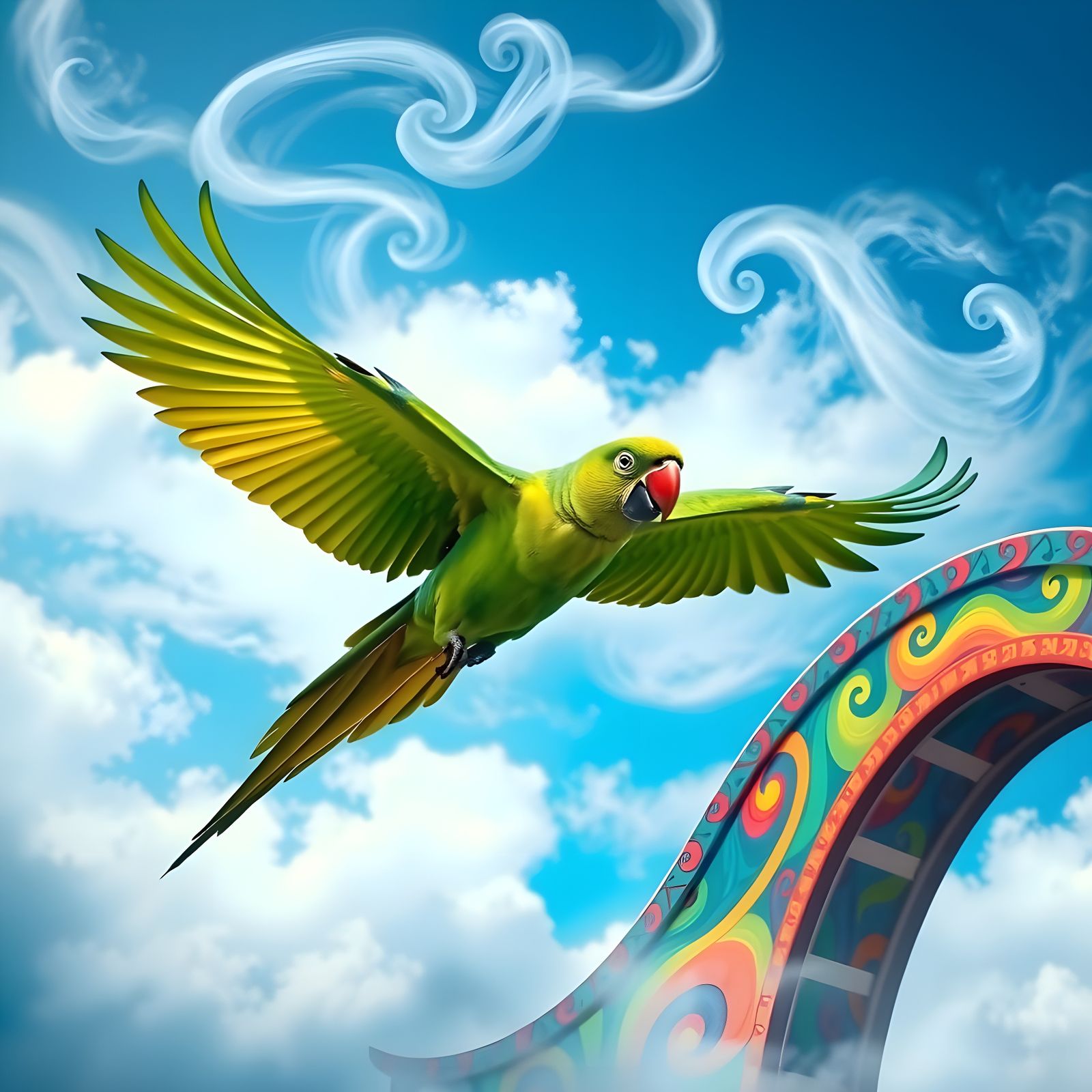 A beautiful day! 🦜 - Vibrant Parrot Soars Over Rainbow Brid...