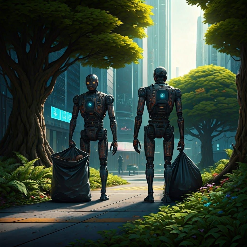 A world in the future, 2 robots collect garbage