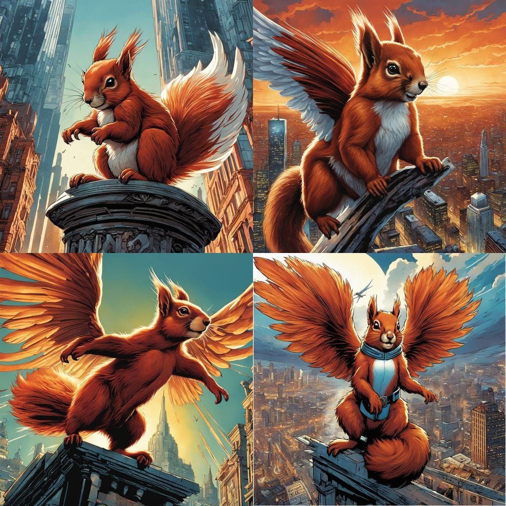 Angel Squirrel Soars Above City Skyline - AI Art