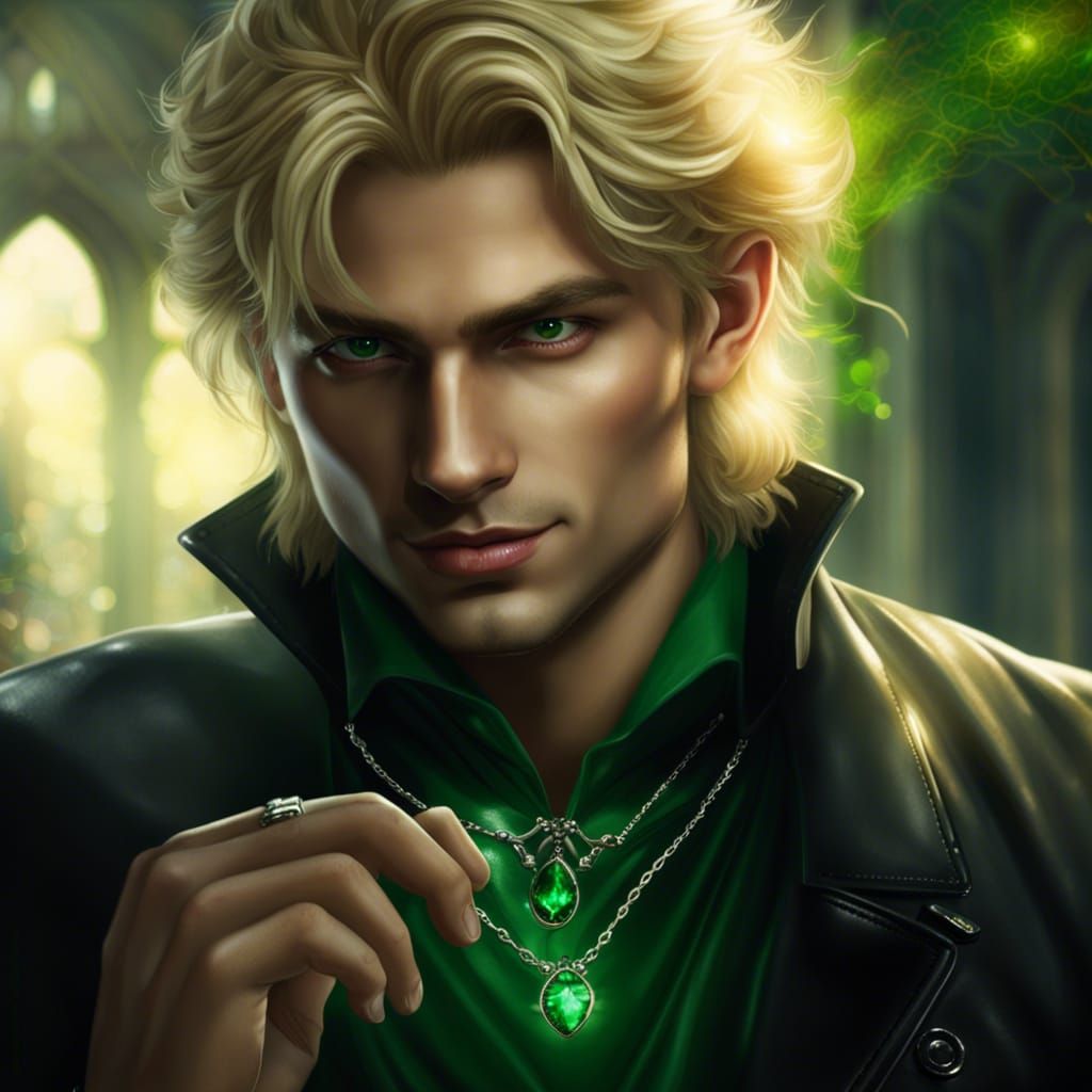 Blond young mafia thief, grass green eyes, tricky smile ((holding an ...