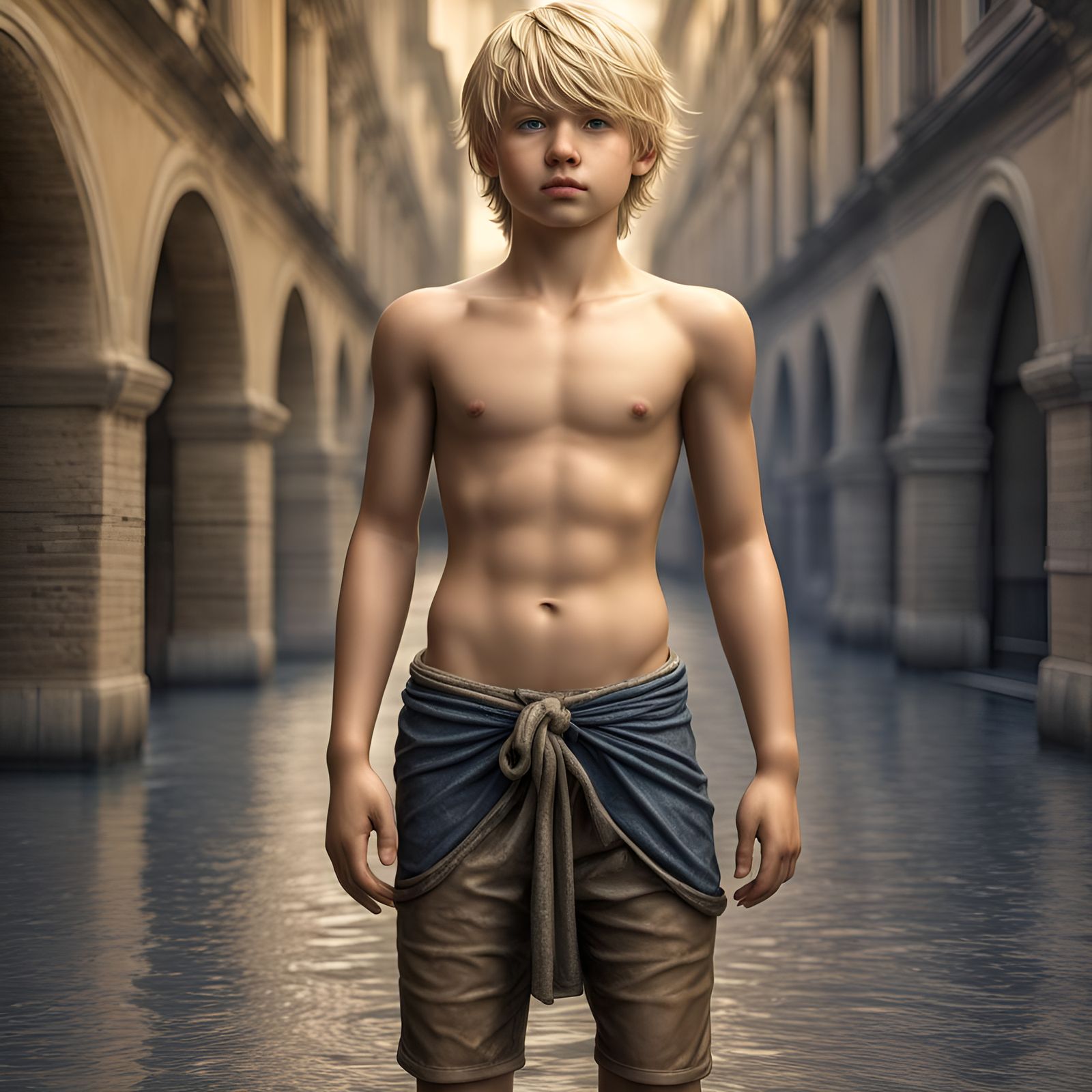 standing front of blond boy adolescent he is roman pride lover show is wet body love pose style ...