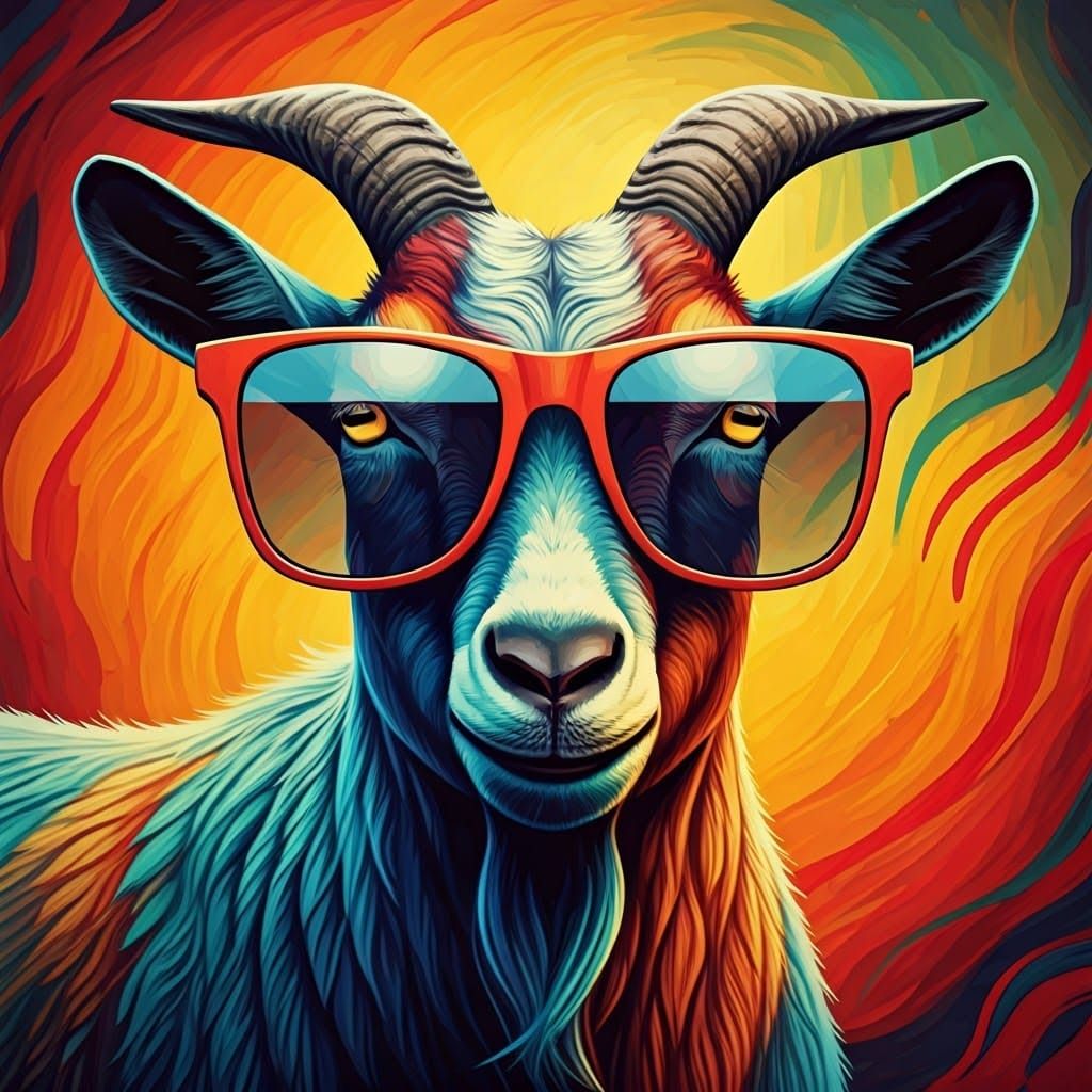Vibrant Goat in Bold Sunglasses Against Swirling P... - AI Art