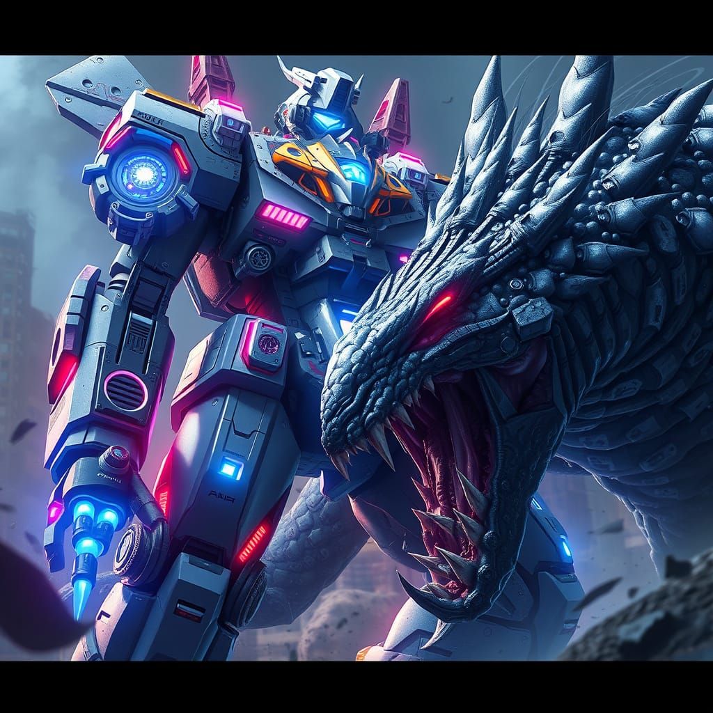 Gigantic Robot Battles Futuristic Monster in Neon-... - AI Art