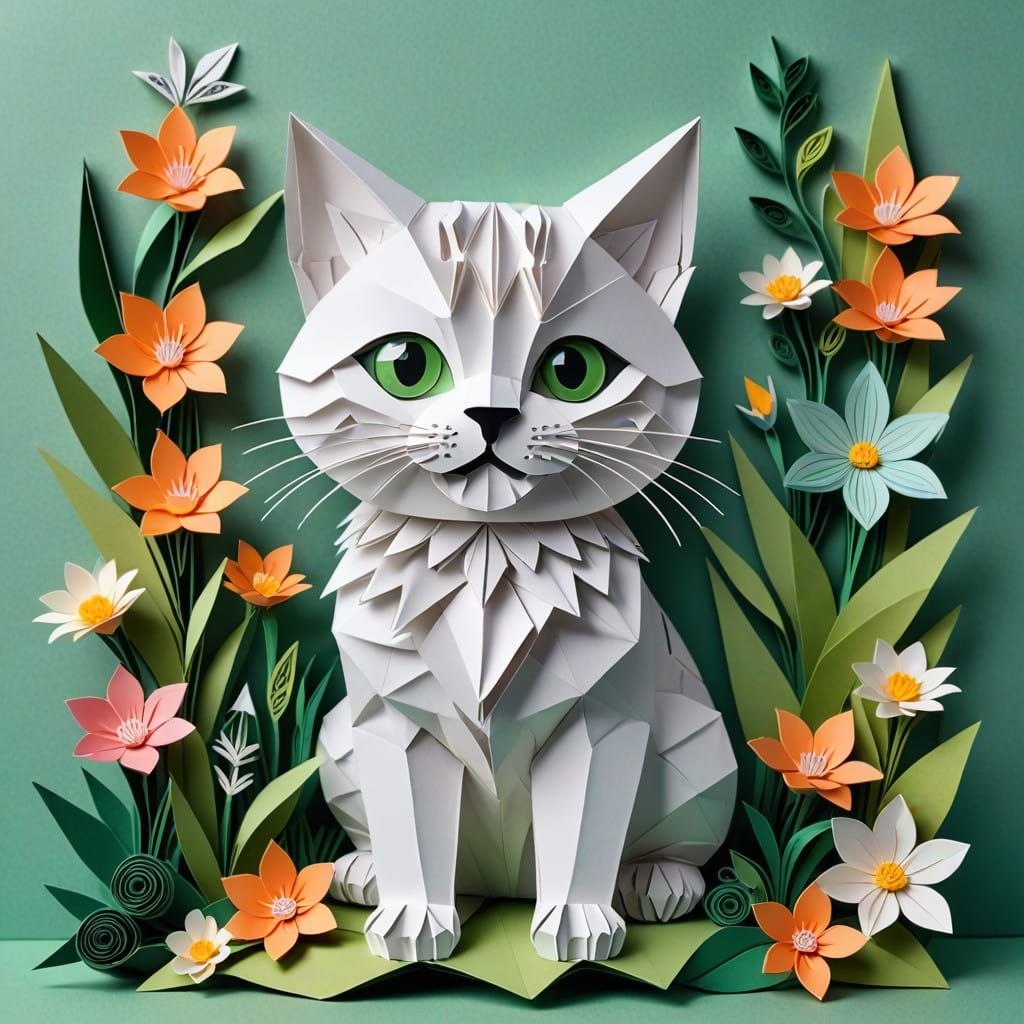 Origami white cat with flowers - Origami Kitten in a Paper M...