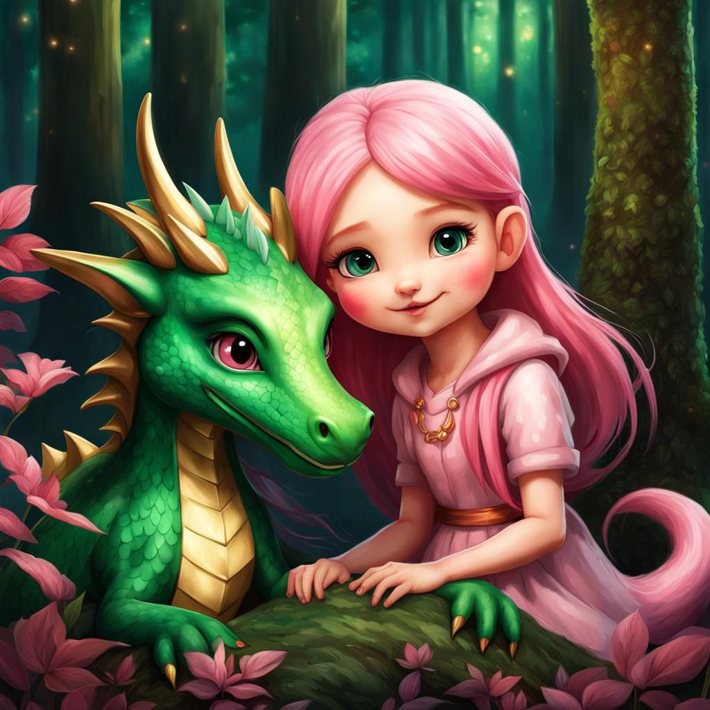 beautifully drawn adorable chibi pink dragon with beautiful green eyes ...