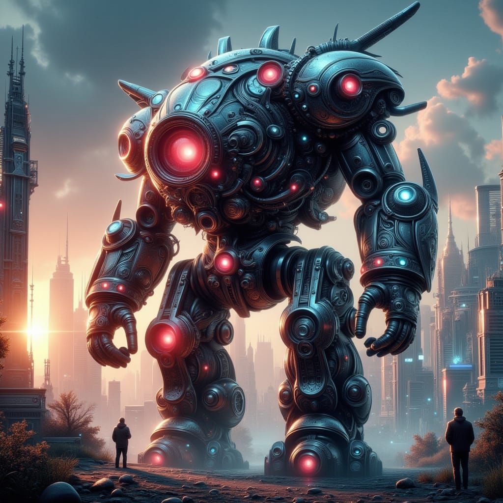Ethereal Mech Towers Over Futuristic Cityscape in ... - AI Art