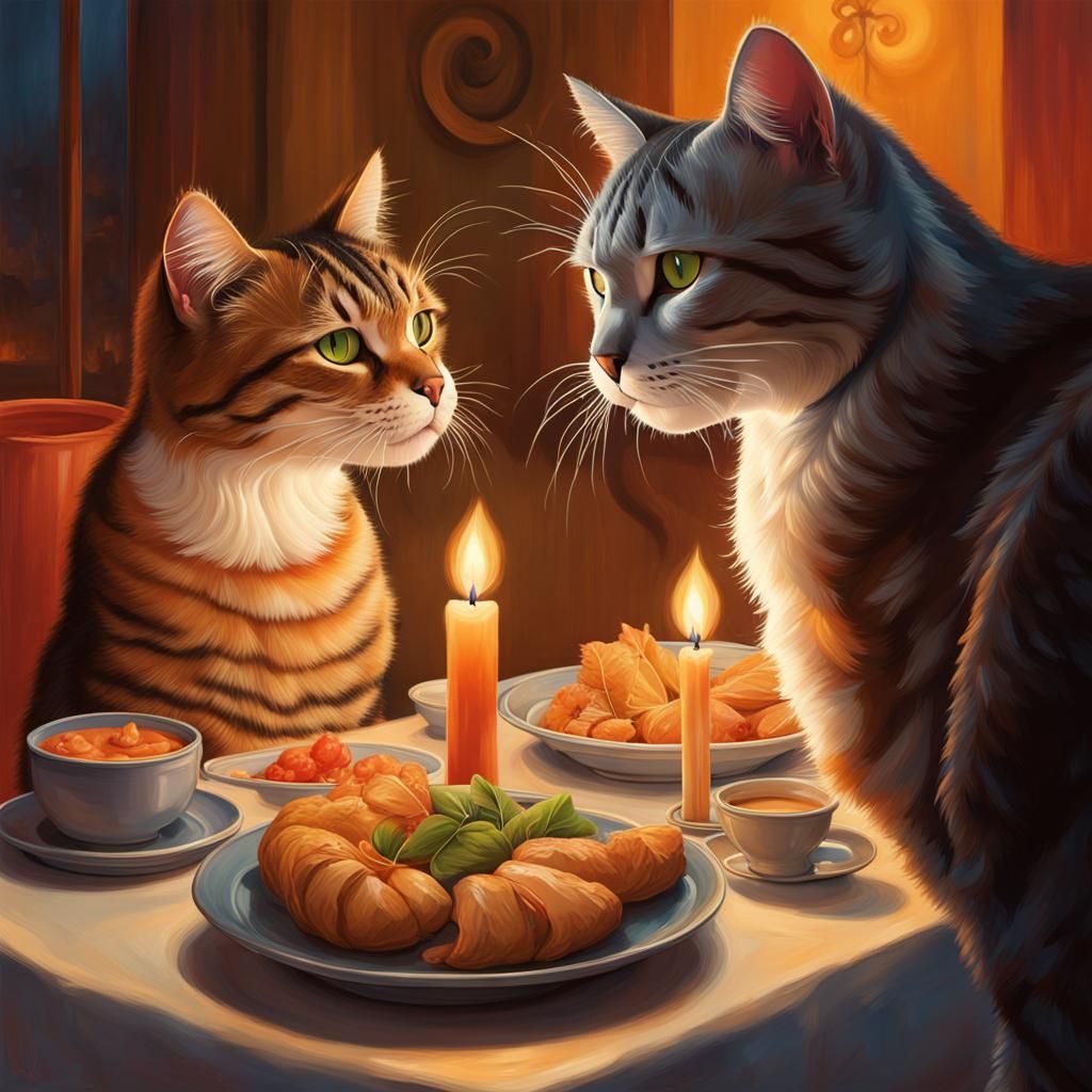 a photo of two cats having dinner by candle light : r/nightcafe