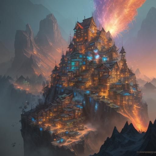 mountain village city mixed explosion of colors Photonic - AI Generated ...