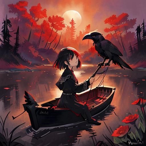 ((A stunning raven with red eyes)), dark sunset, a small boat on a ...