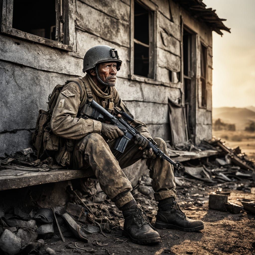 Battle-Weary Soldier in Ruined Rural Home - AI Art