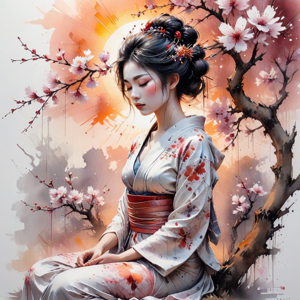 Ethereal Geisha Meditates Under Blossoming Tree at... - AI Art
