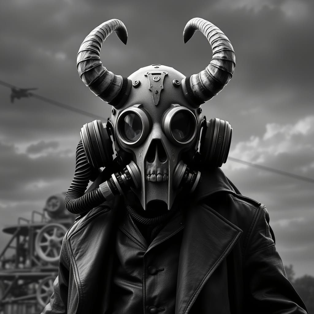 Surreal Futuristic Gas Mask Figure in Black-and-wh... - AI Art