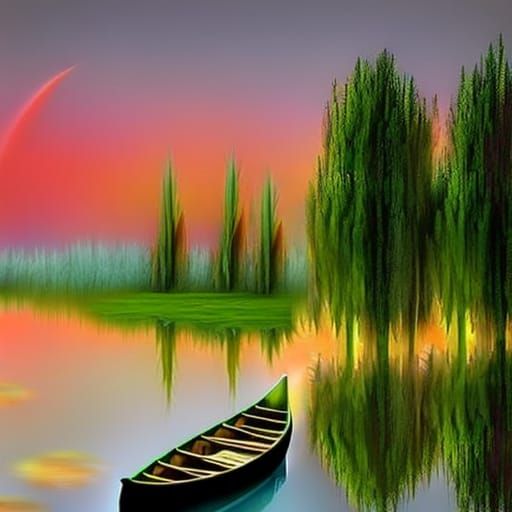 Imagine willows:: epic:: canoe floating in stream bordered by willows, summer:: fantasy hyper ...