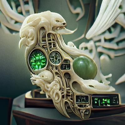 alien clock made from intricately carved jade, ivory, and tiny bird ...