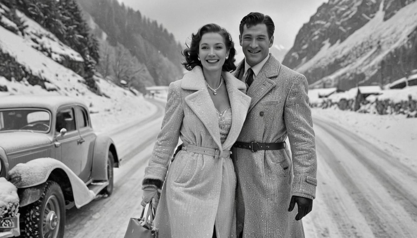 Annette Fetscherin and Kurt Douglas walking on a road with snow and ice ...