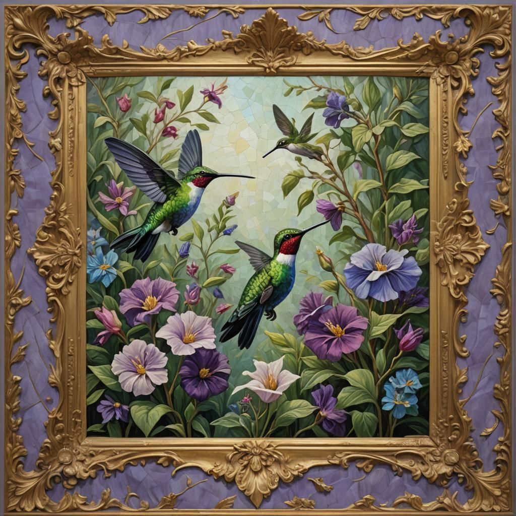 render a hummingbird quilt in hues of purples, greens, blues in a gold ...