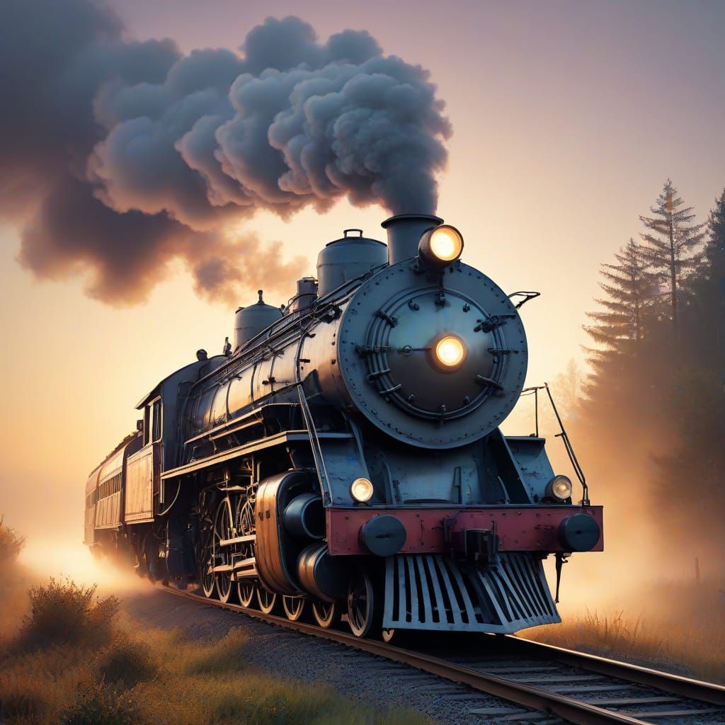 Vintage Steam Engine Chugs Through Foggy Sunset La... - AI Art