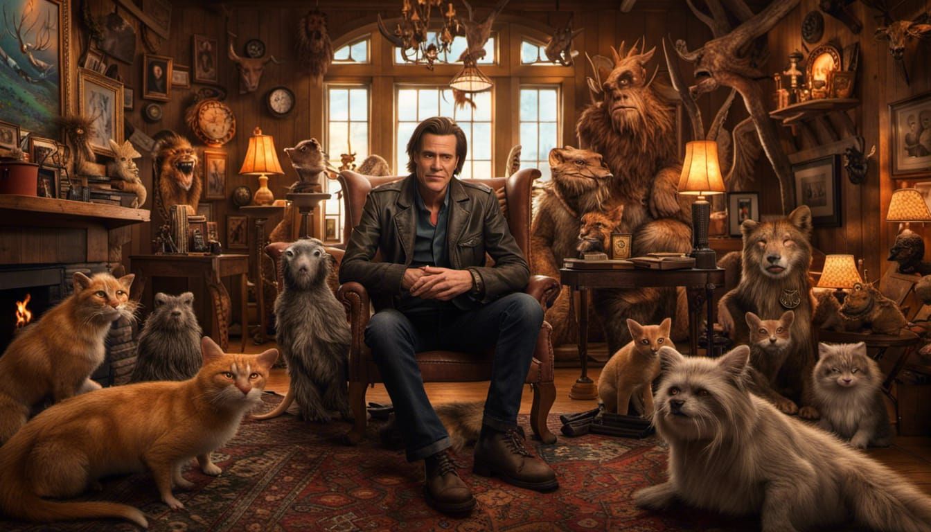 Jim Carrey as hunter in cozy firelit rustic den, surrounded by Dr ...