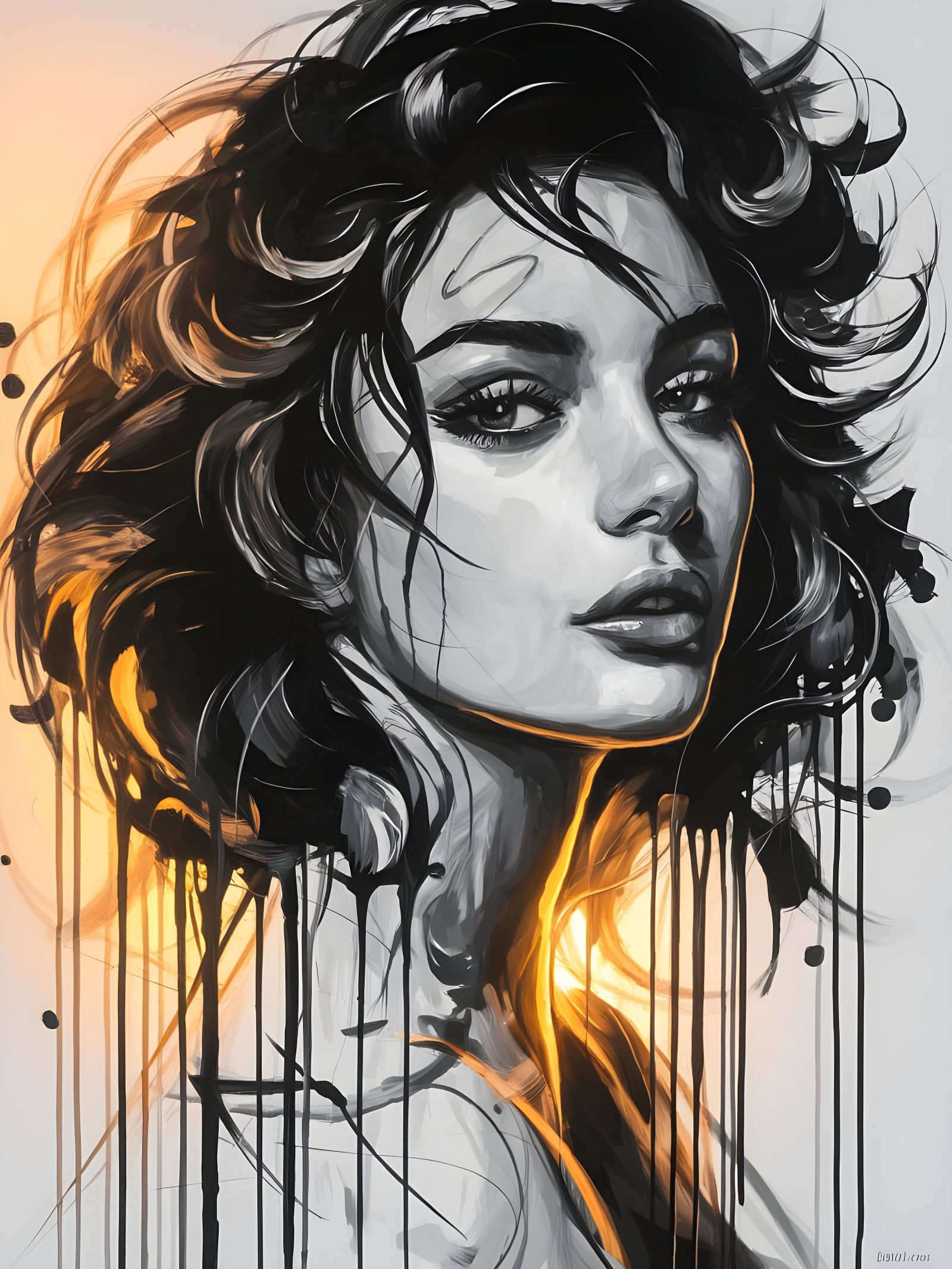 Abstract Portrait of Charming Woman. Black and White Acrylic Dripping Art