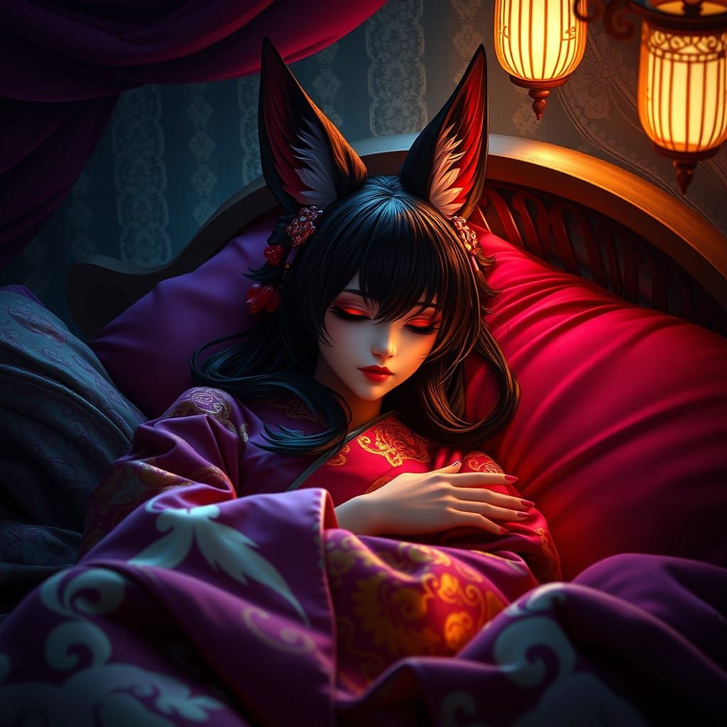 Ethereal Kitsune Maiden Slumbers in Luxurious Velv... - AI Art