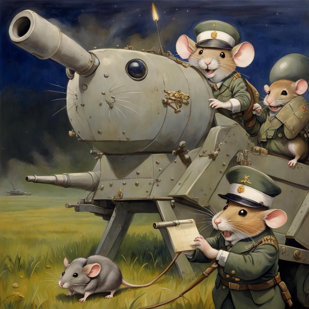 Anthropomorphic mice in military uniform Handling a gigantic piece of ...