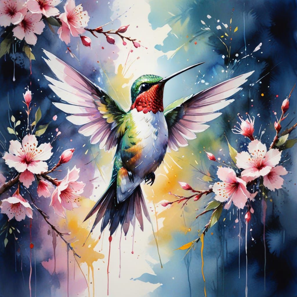 Ethereal Hummingbird in Twilight Blossom Grove - AI Art