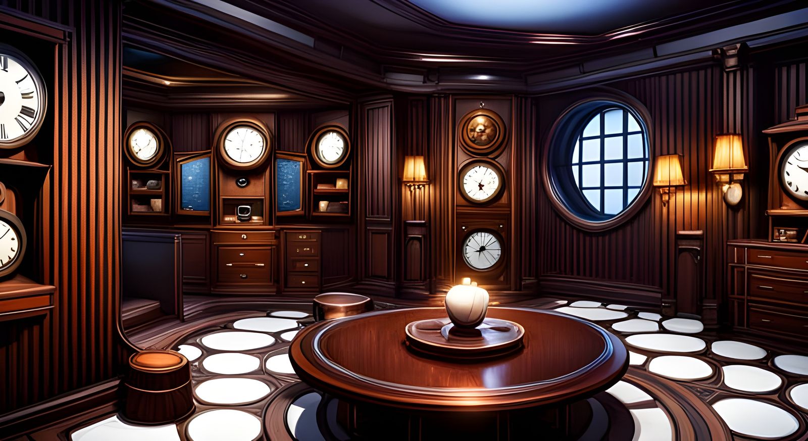 room filled with clocks with air vents, anime visual novel artstyle ...