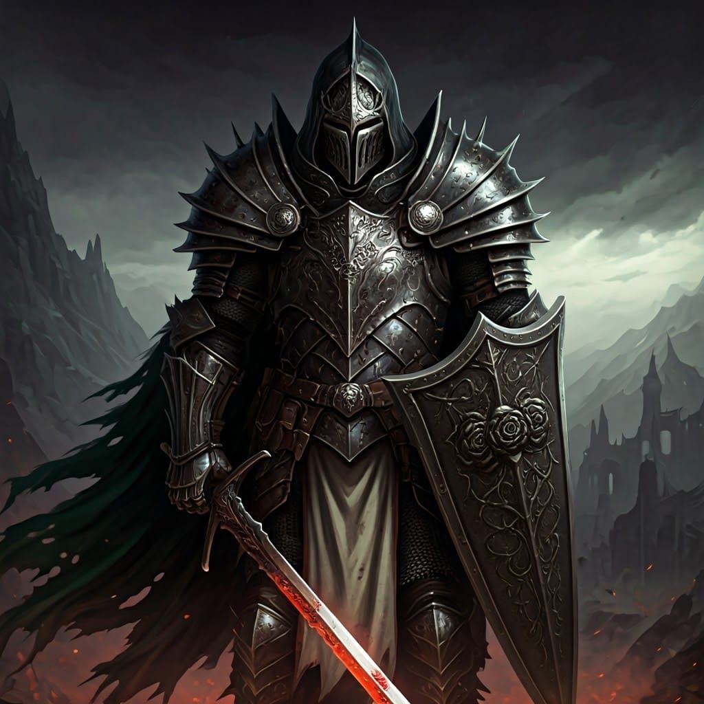 Gothic Knight in Dark Steel Plate Armor - AI Art