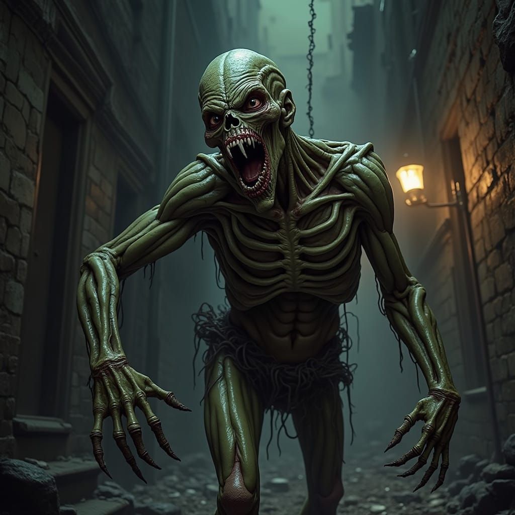 Grotesque, Skinless Zombie in Dark, Foreboding Atm... - AI Art