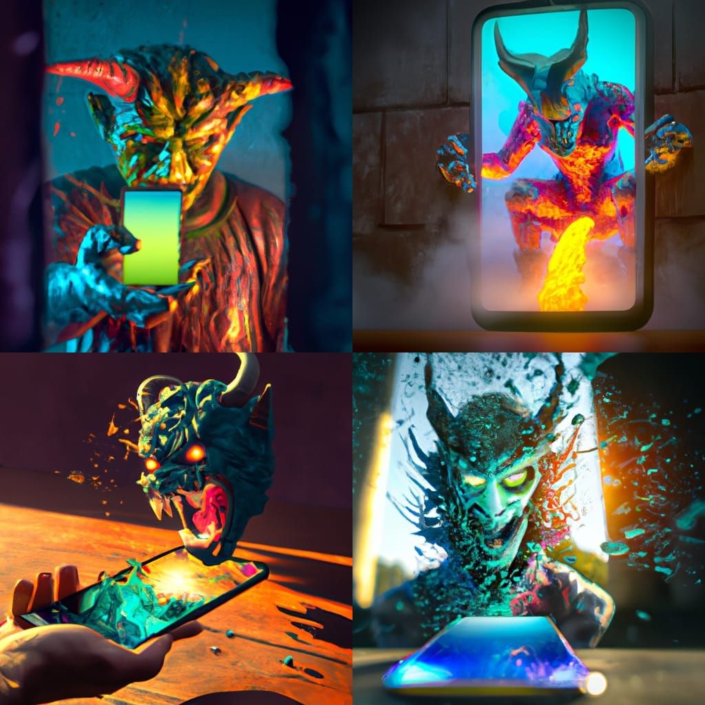 Digital demon coming out of smartphone, hype-realistic, unreal engine ...
