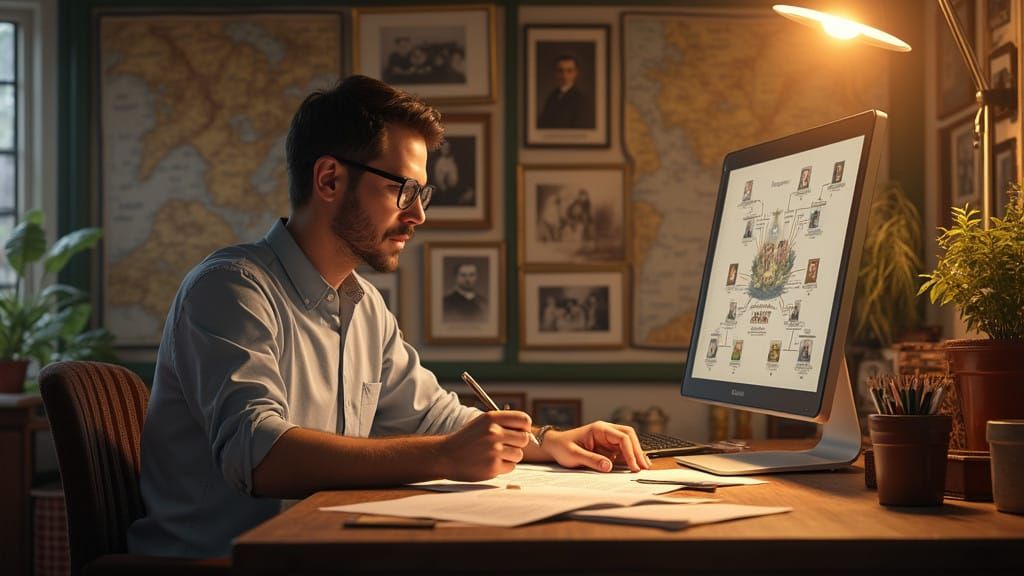 Cozy Family Historian at Work in Heritage Haven - AI Art