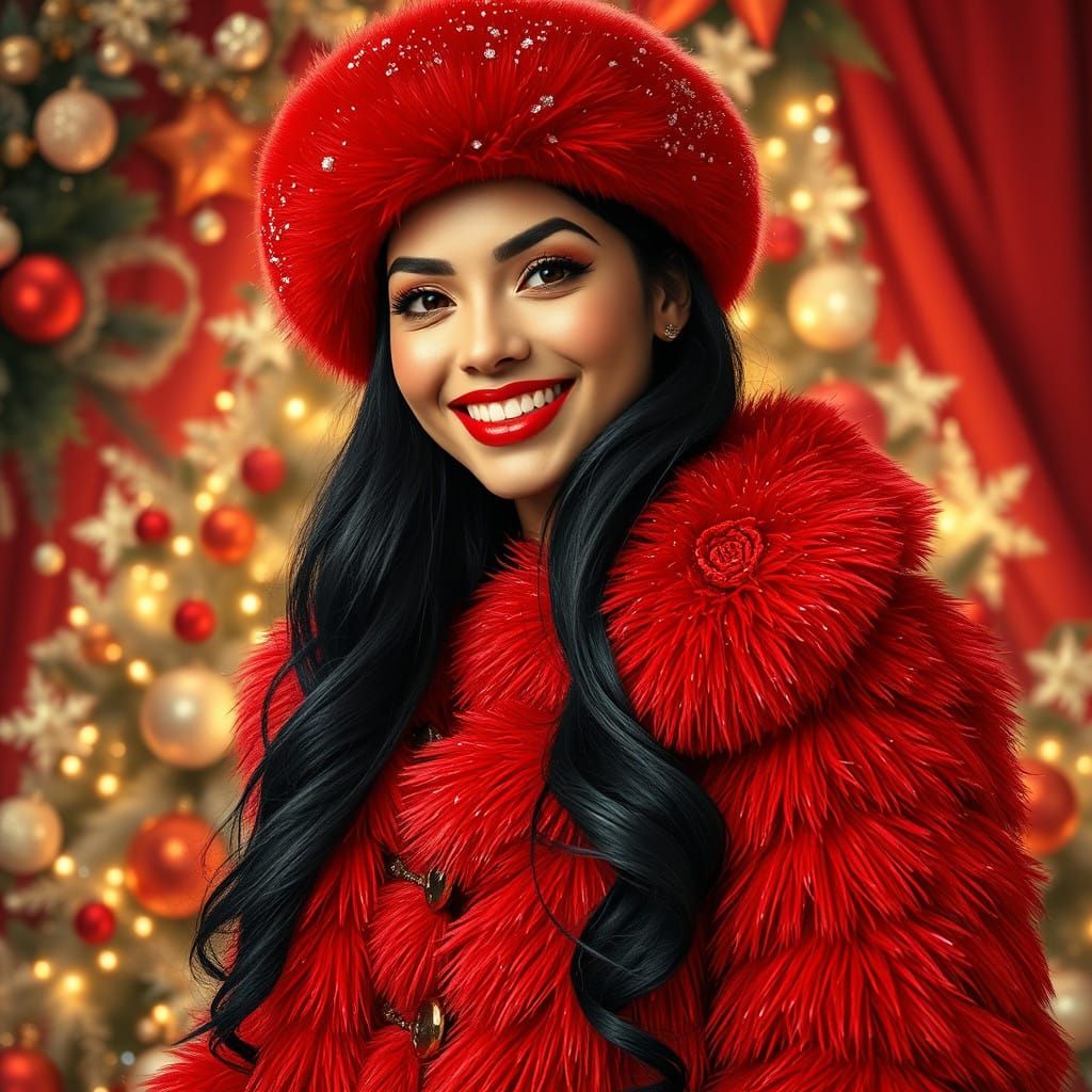 18 year old latino woman with long black hair in red ruby Christmas ...