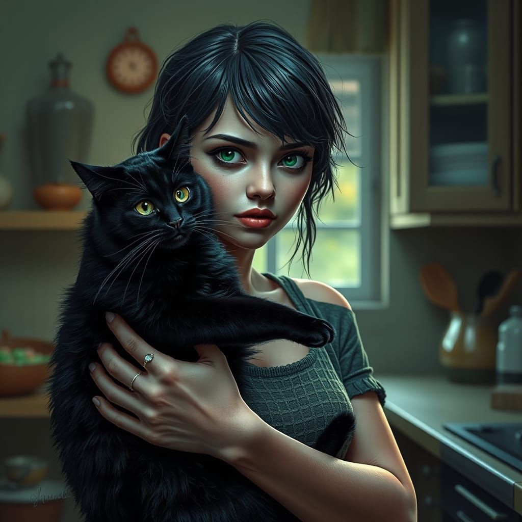 Surreal Green Cyclops with Cat in Kitchen, in a Cy... - AI Art
