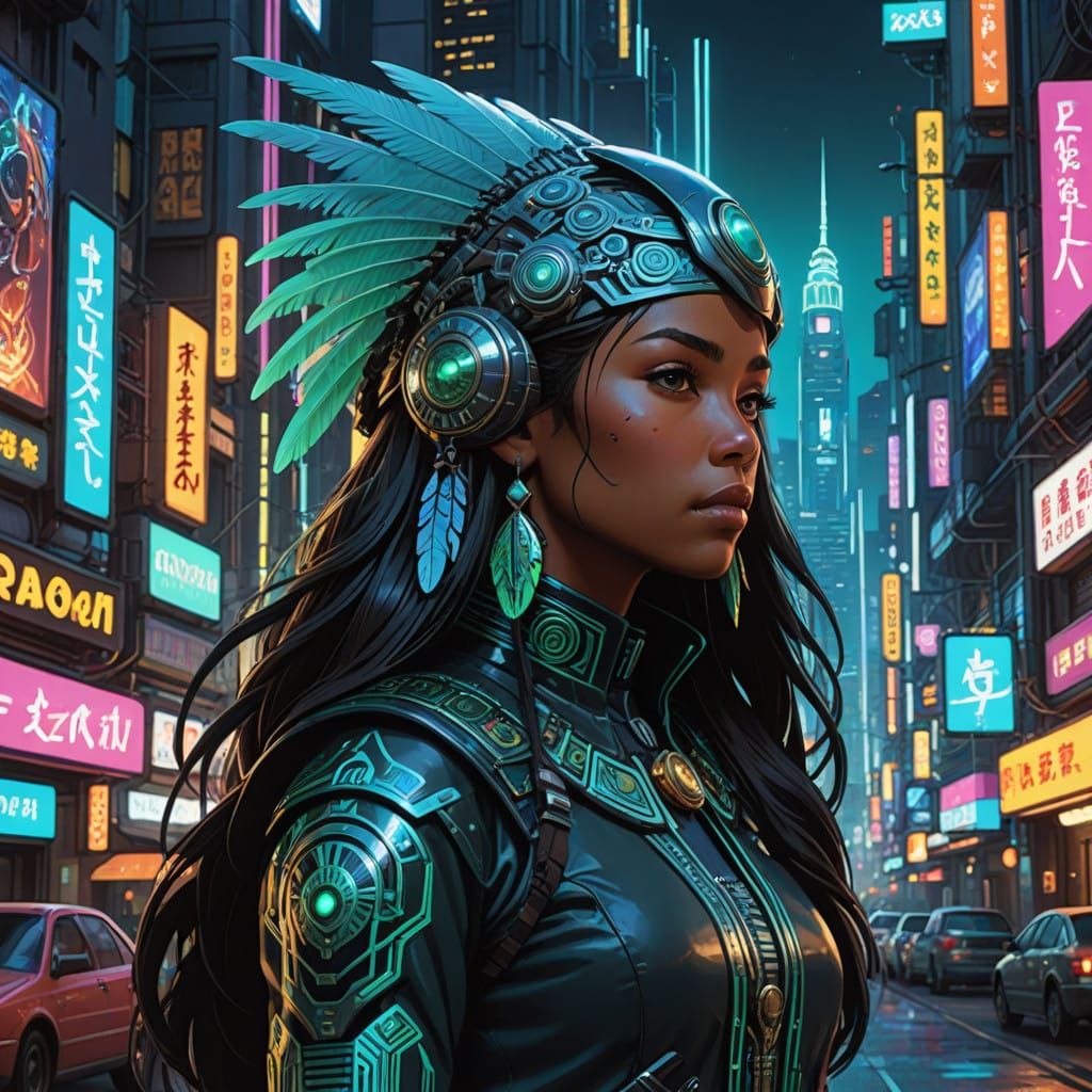 Cyberpunk Goddess in Aztec-Inspired Uniform Amidst... - AI Art