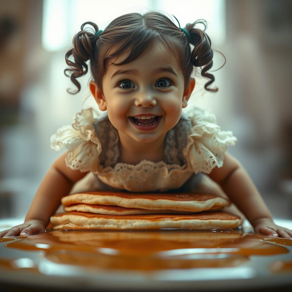Laughing little girl on a stack of pancakes