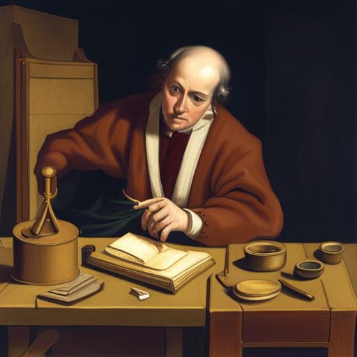 Scribe seated at his oak desk quill in his right hand writing on ...