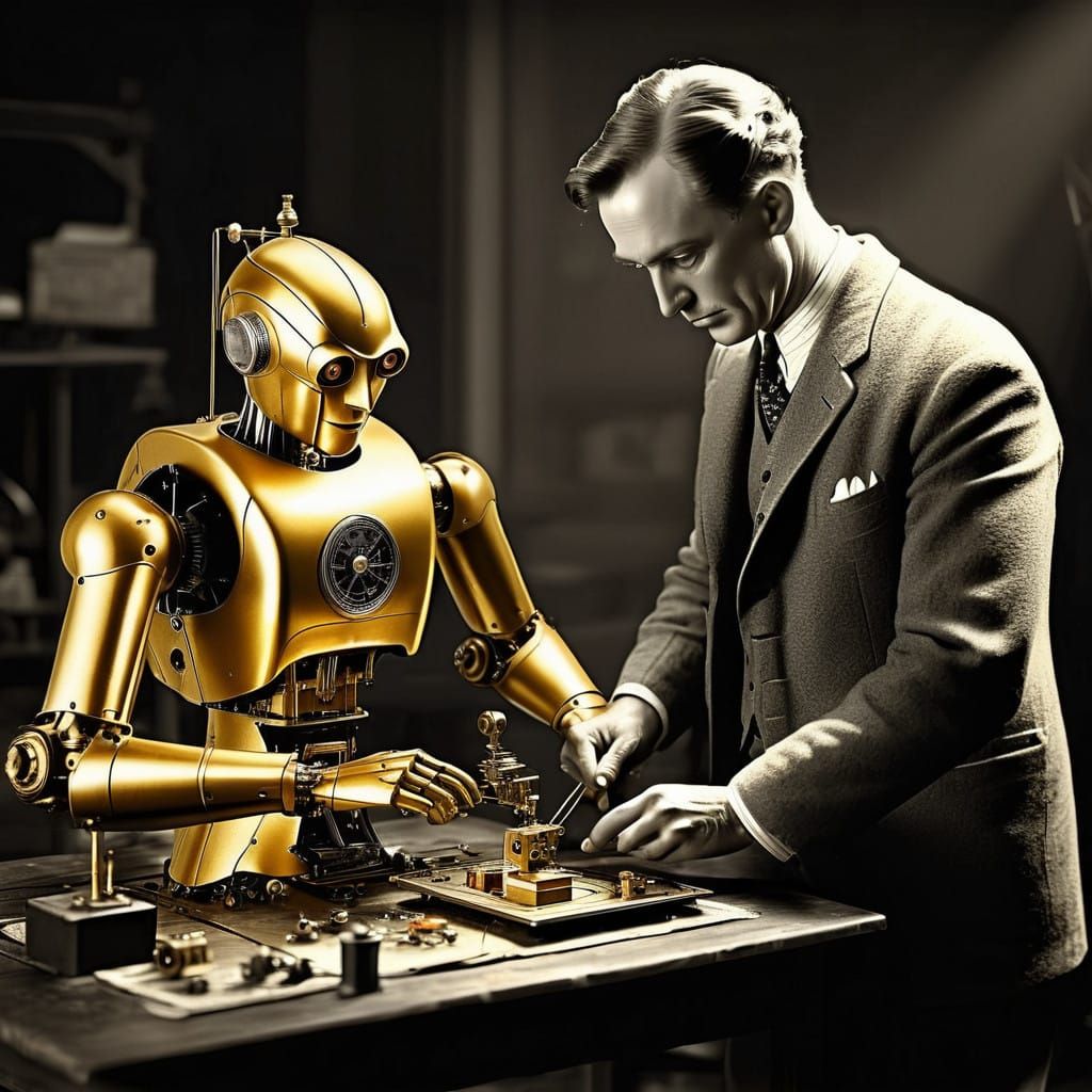 Inventor and Golden Robot: 1920s Film Noir Epic - AI Art