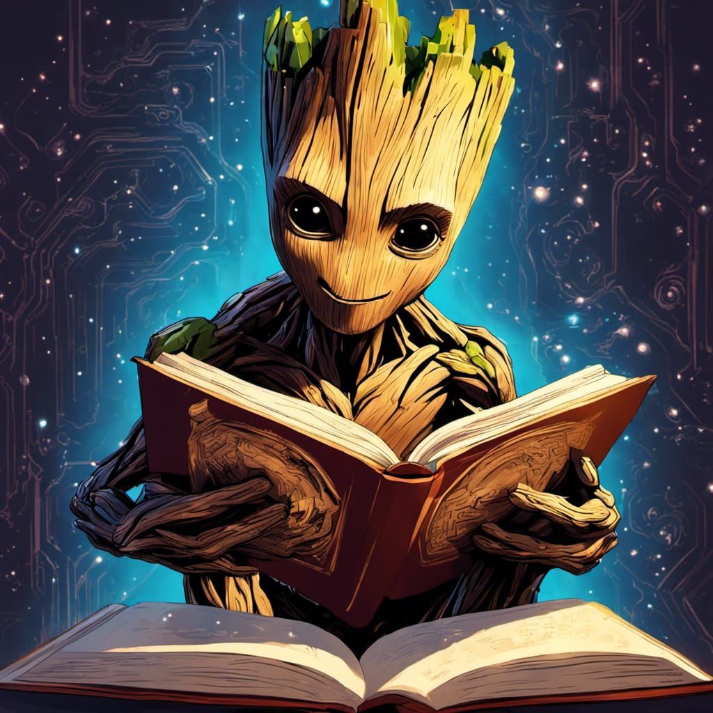 Groot reading a book - AI Generated Artwork - NightCafe Creator