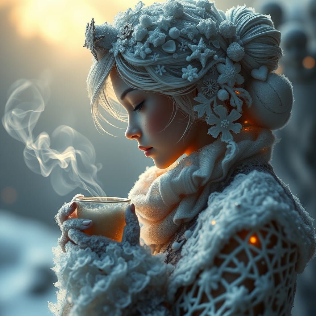 Hyper-Realistic Ice Sculpture Woman holding Coffee... - AI Art