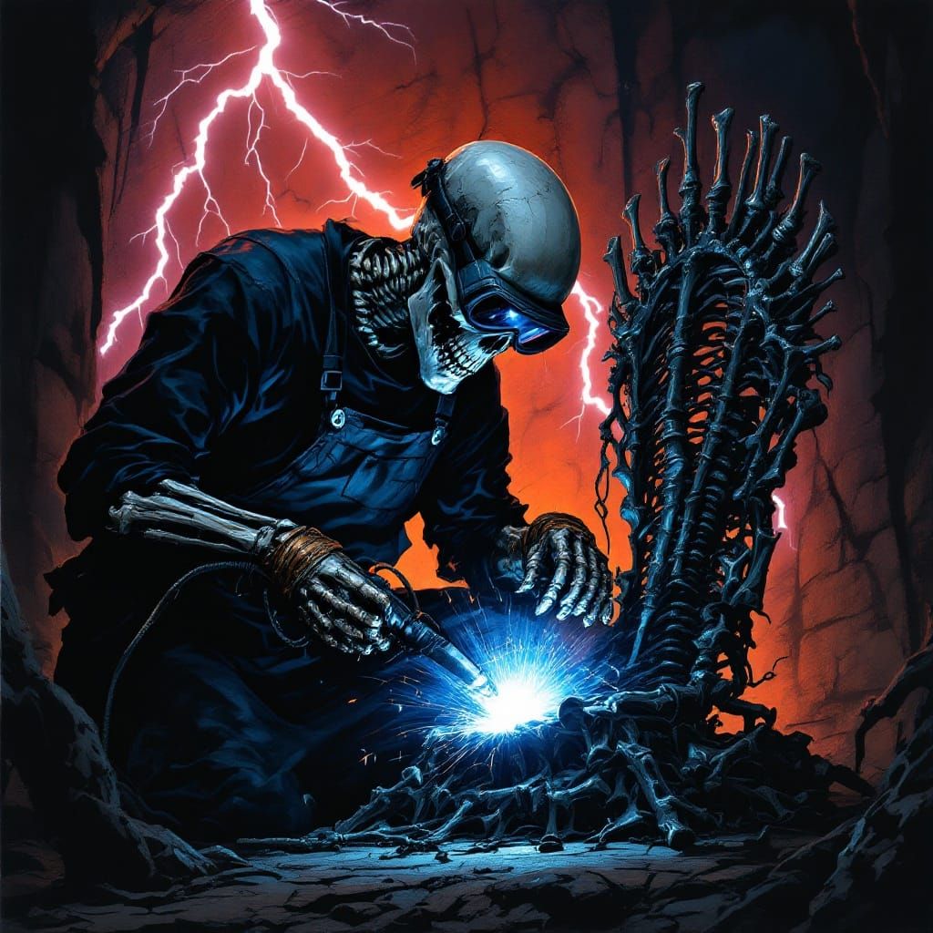 Skeleton welder, welding a metal throne made from metal bones, with a ...