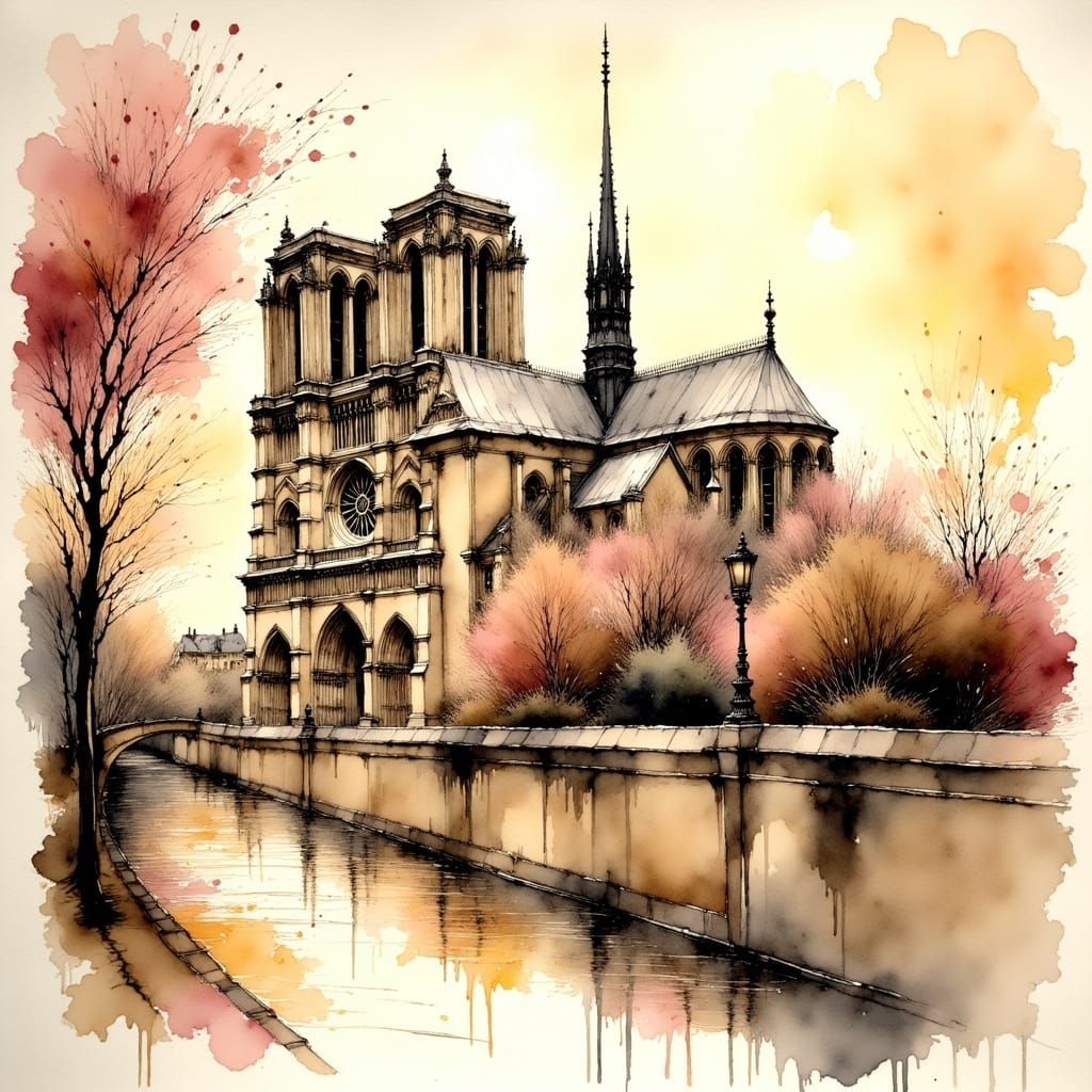 Ink painting of The Notre Dame... - AI Art